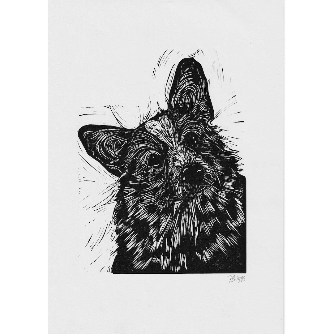Corgis // Original A4 Linoldruck, Hund, Tierportrait handbedruckt in ...