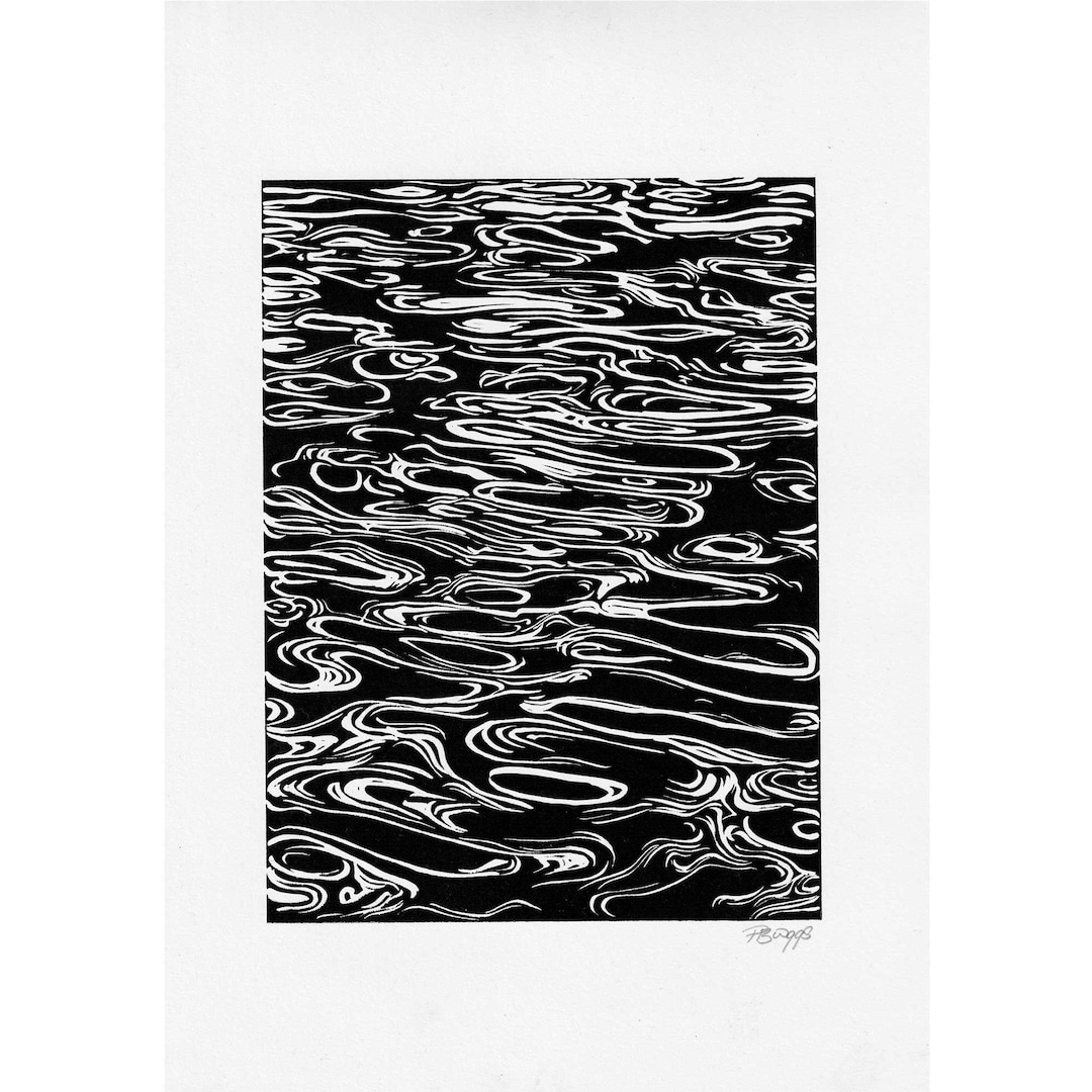 Reflejo de agua abstracto // Linograbado original, abstracto, paisaje ...