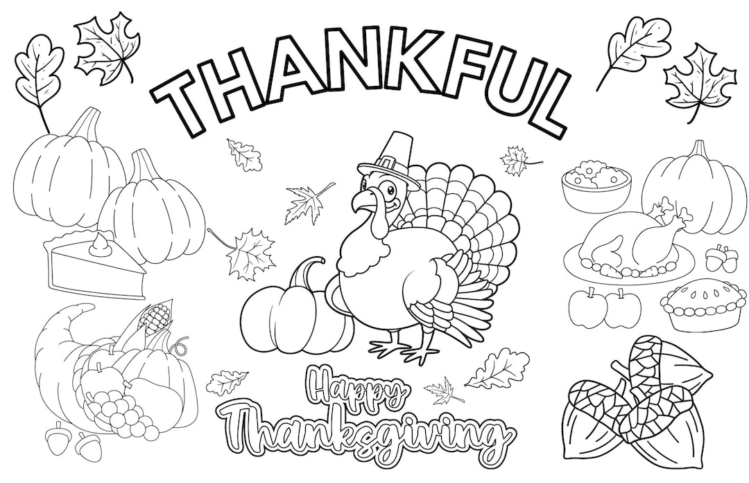 Thankful Thanksgiving Kids Coloring Place Mat, Printable , Digital ...