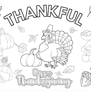 Thankful Thanksgiving Kids Coloring Place Mat, Printable , Digital ...