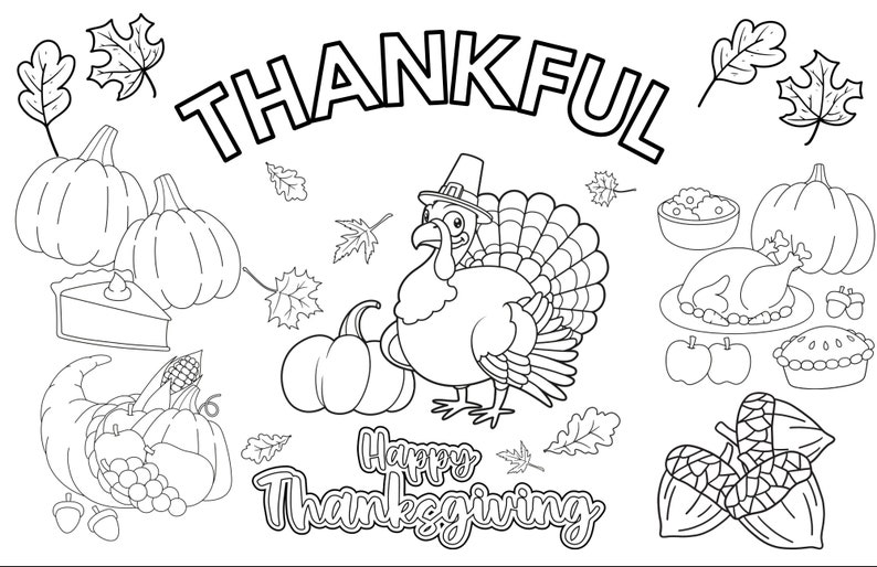Thankful Thanksgiving Kids Coloring Place Mat, Printable , Digital ...