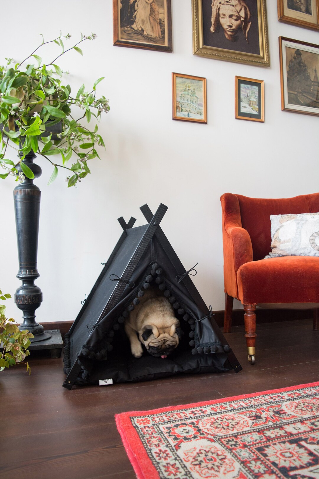 Black Dog Bed With Pom-poms. Boho Chic Dog Teepee Tent. - Etsy