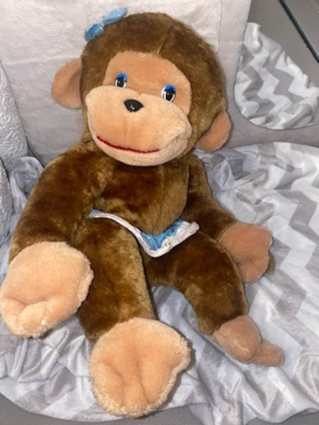 Vintage Monkey Plush Girl Blue Hair Bow Skirt Lace Red Felt Smile Brown ...