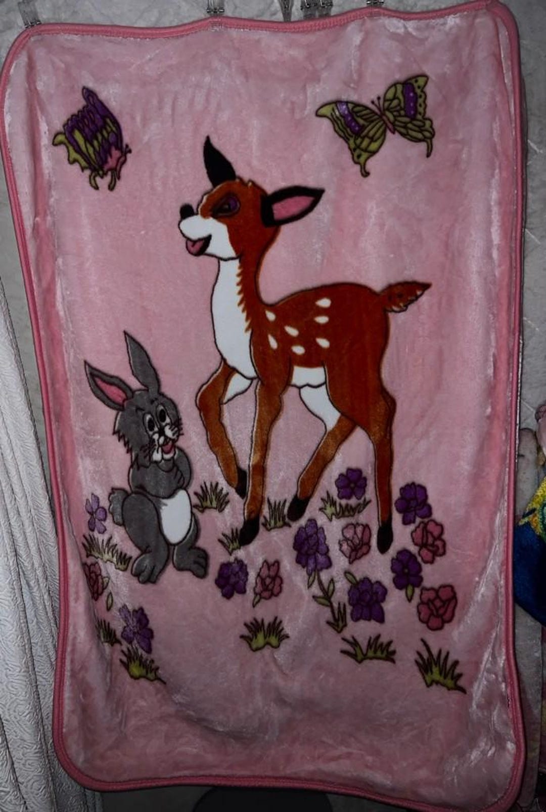 Vintage Baby Blanket Deer Bunny Pink Thick Soft Plush Butterfly Flowers ...