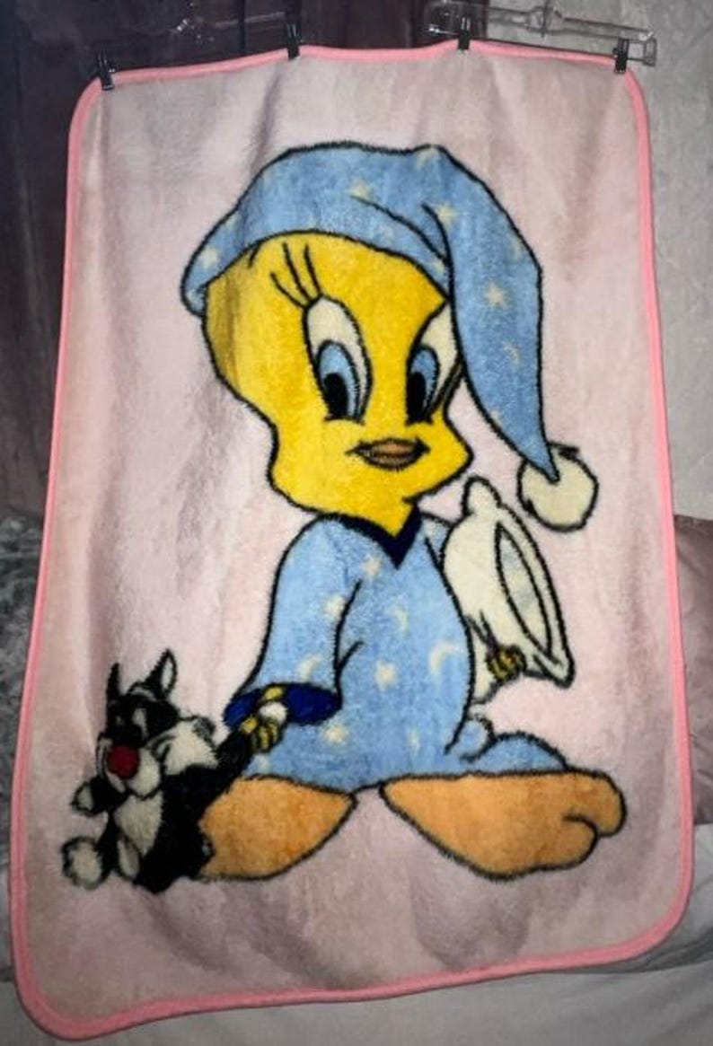 Vintage Tweety Bird Baby Blanket Pink Wearing Blue Pajamas Holding ...