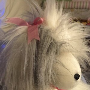 Vintage Shaggy Dog Plush Cuddle Toys Gray White Pink Tongue Hair Bow ...
