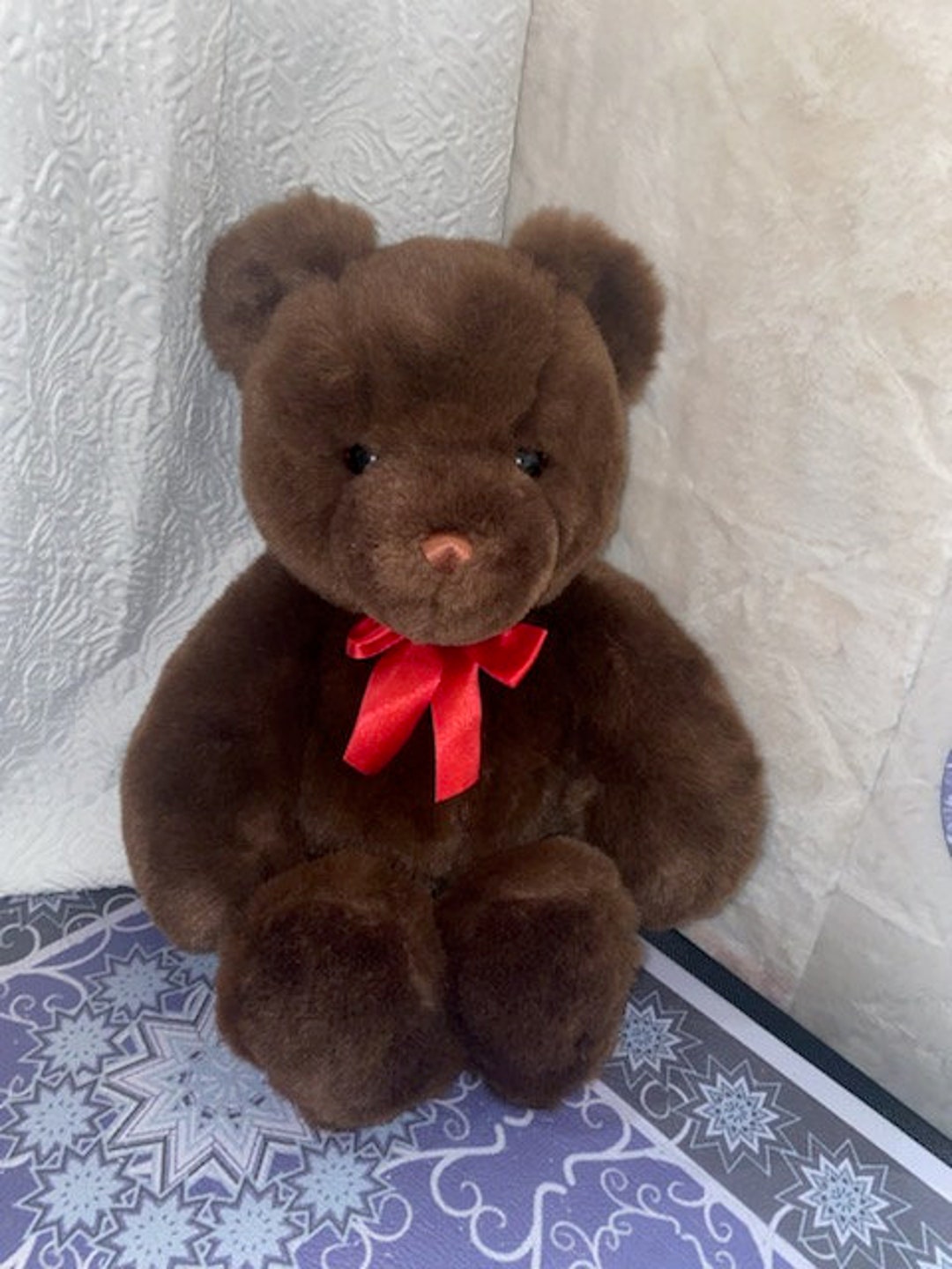 Vintage Gund Bear Plush Dark Brown Lighter Thread Nose Red Ribbon ECU ...