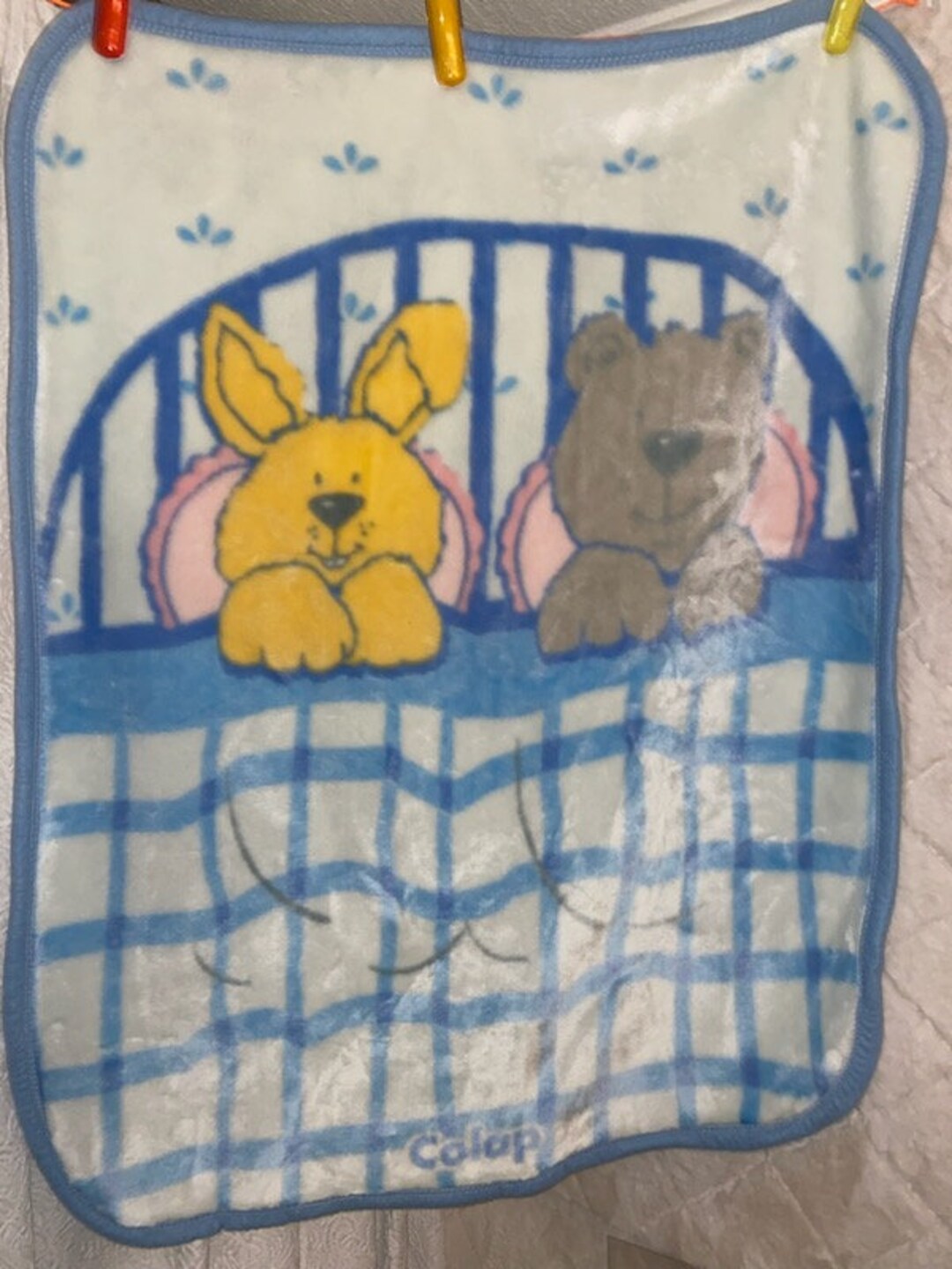 Vintage Baby Blanket Bunny Yellow Brown Bear Bed Blue White Gingham ...