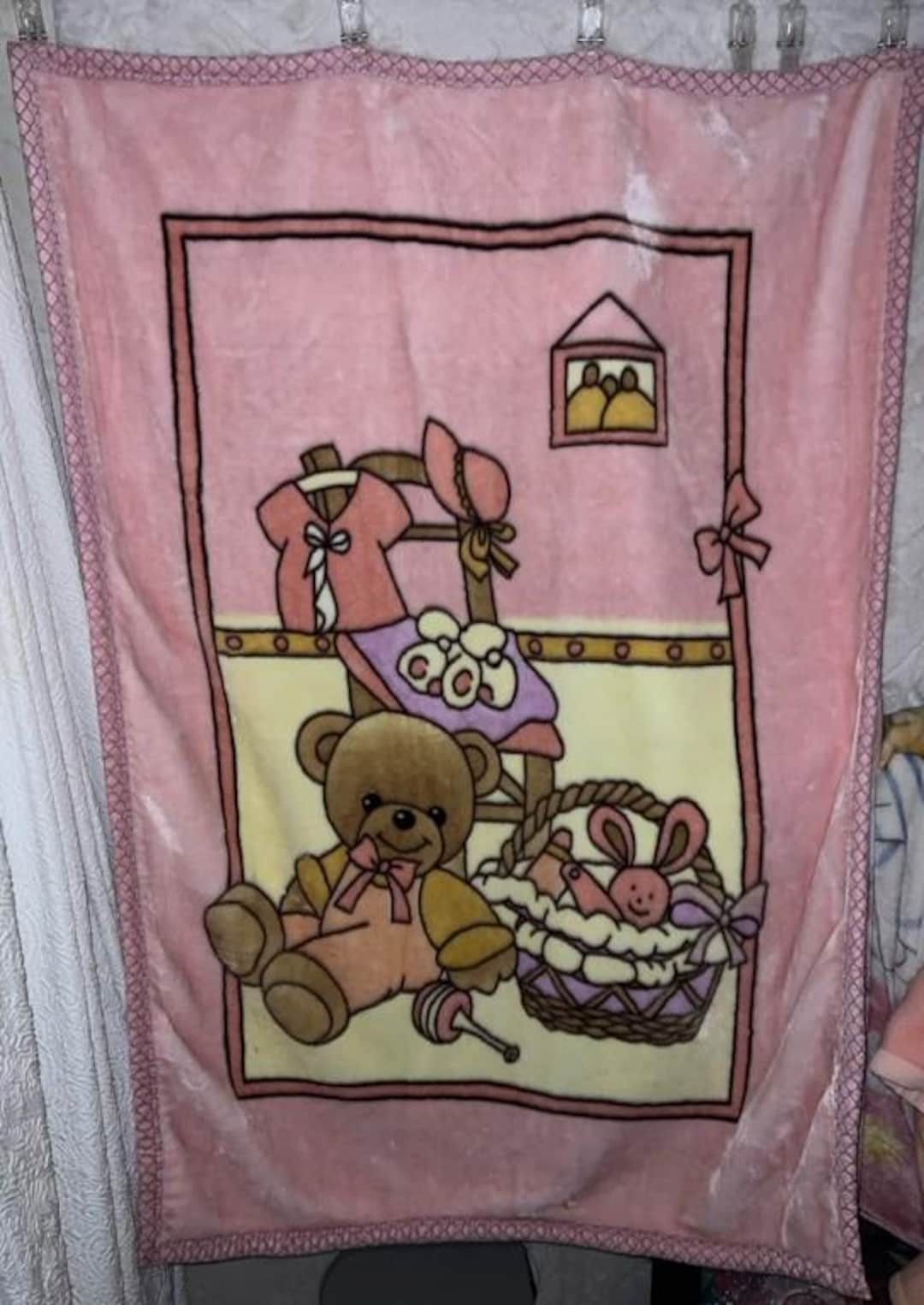 Vintage Baby Blanket Bear Easter Basket Bunny Embossed Soft Thick Trim ...