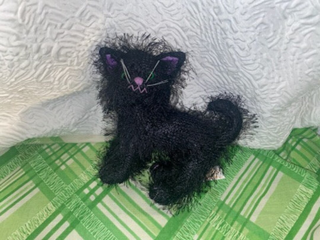 Vintage Russ Cat Plush Scratches Black Stringy Fuzzy Spooky Green Eyes ...