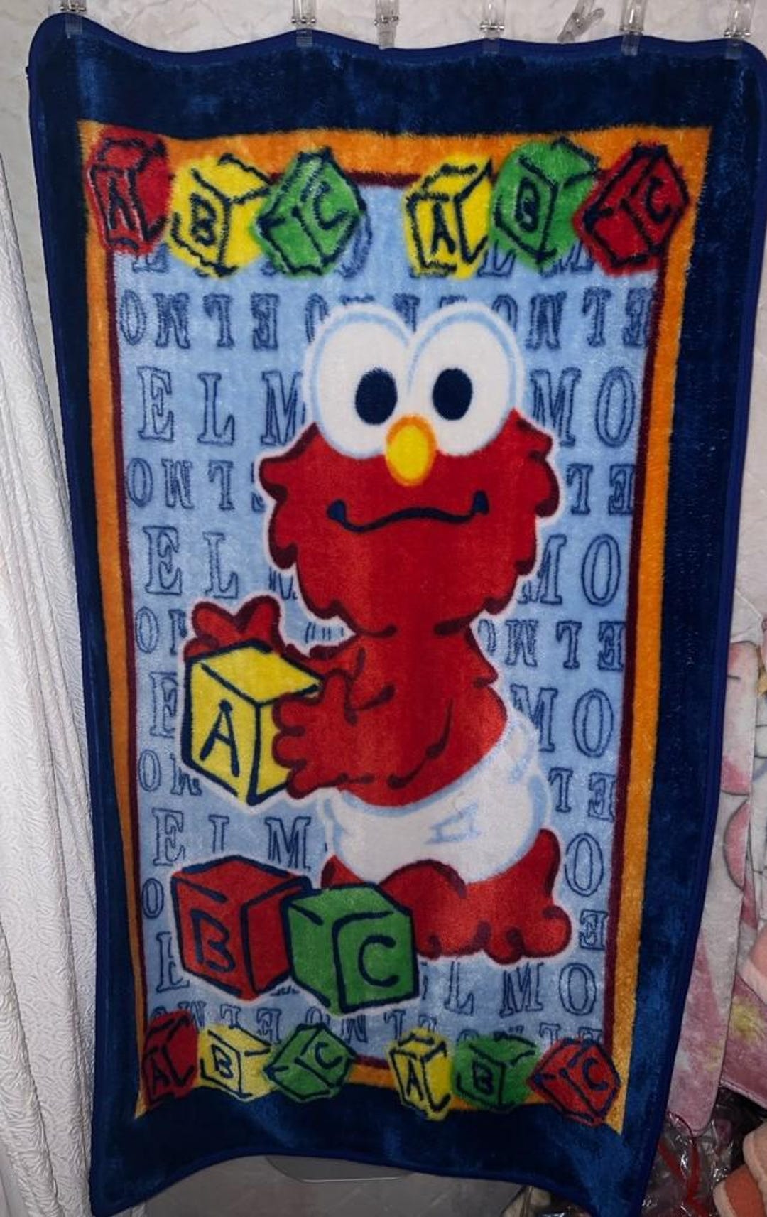 Vintage Elmo Baby Blanket Blocks Words Love Diaper Dark Blue Red Yellow ...