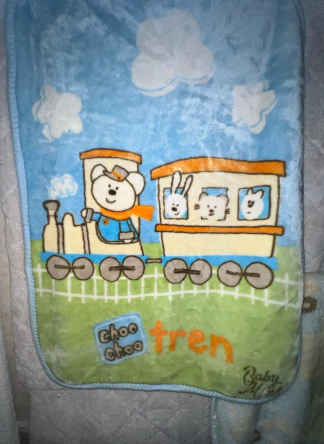 Baby Blanket Tren Train Choo Choo Teddy Bear Bunny Clouds Blue Green ...