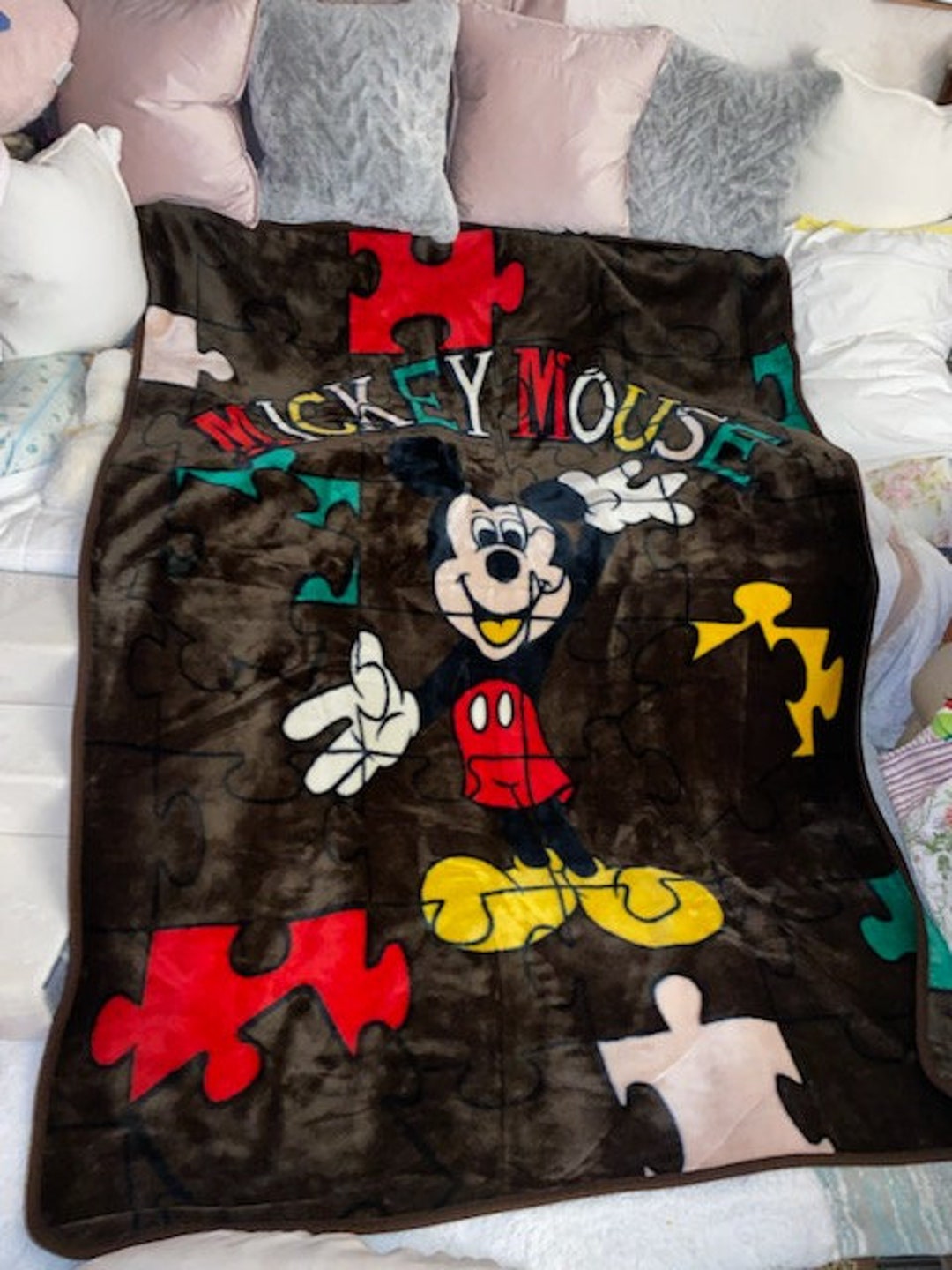 Vintage Mickey Mouse Blanket Puzzle Pieces Dark Brown 61" X 87" Red ...