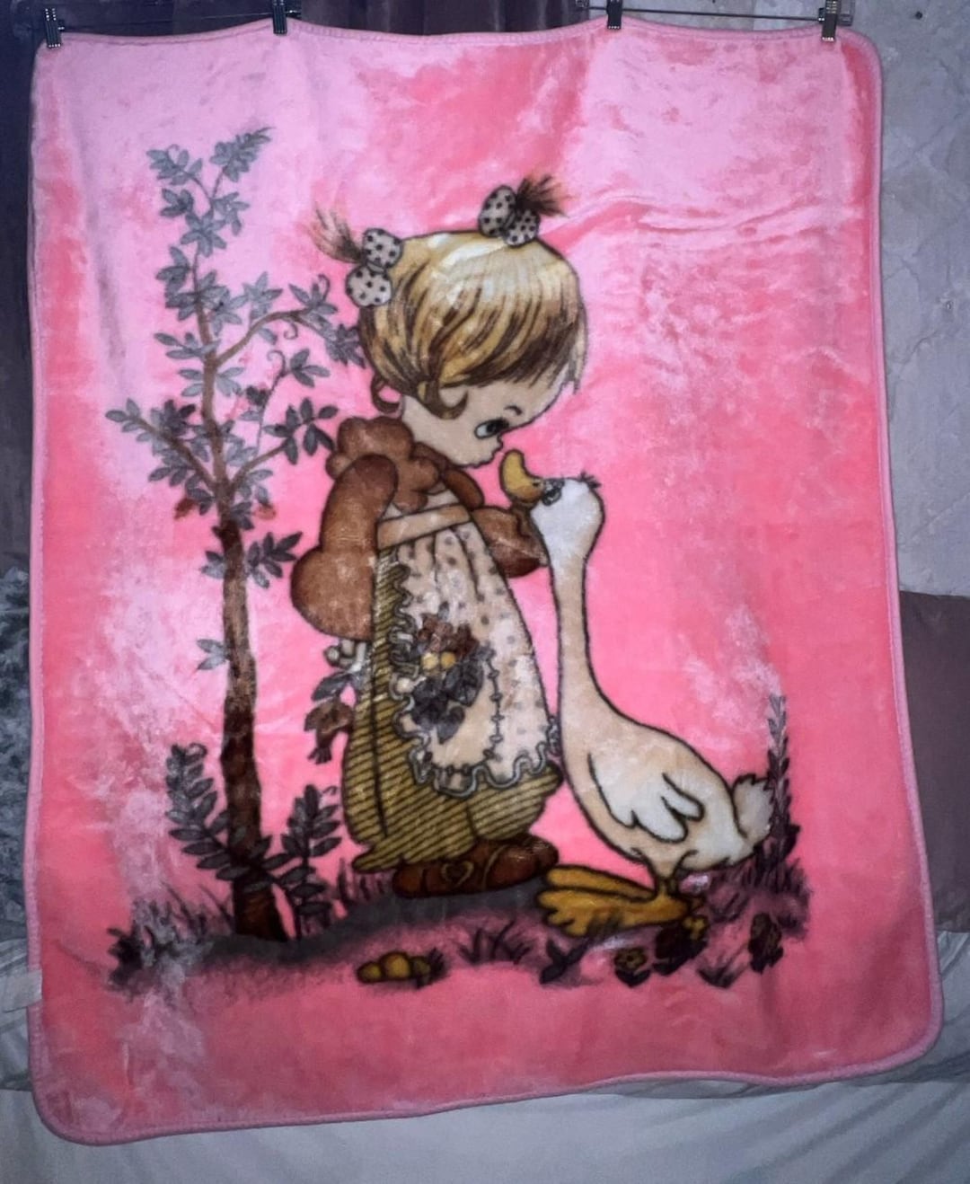 Vintage Baby Blanket Girl Goose Flowers Bird Darker Pink Version Tree ...