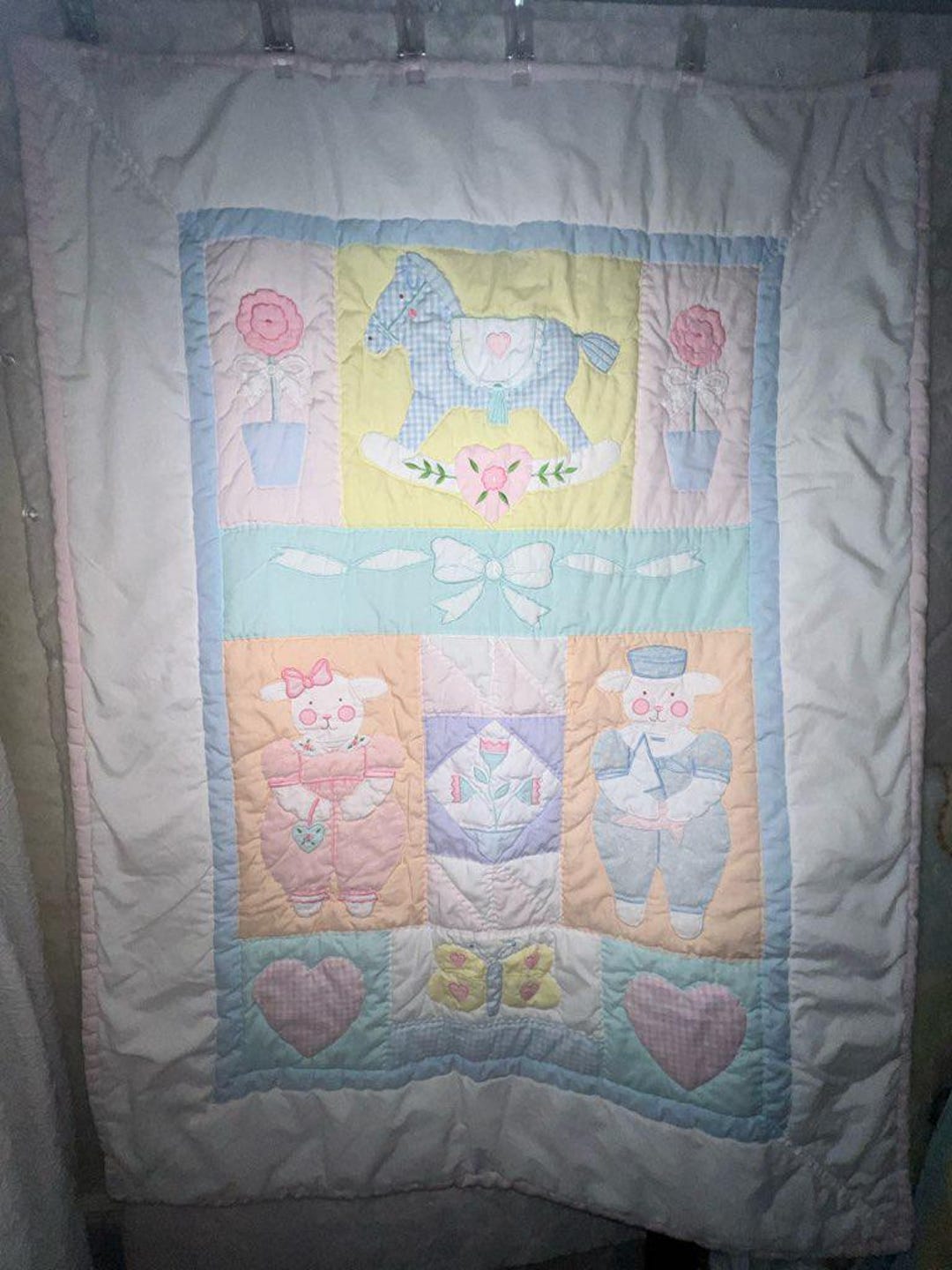 Vintage House of Llyod Baby Blanket Quilt Rocking Horse Lamb Sheep Boy ...