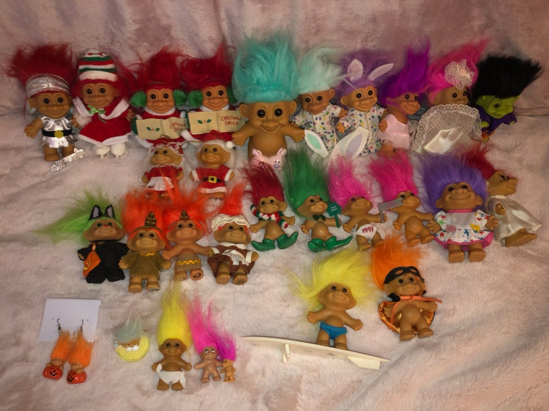 Vintage Trolls Doll Lot Troll Dolls Figures Earrings Russ Dam Bikers ...