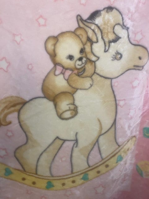 Vintage Baby Blanket Rocking Horse Bear Stars Blacks Pink Teal Hearts ...