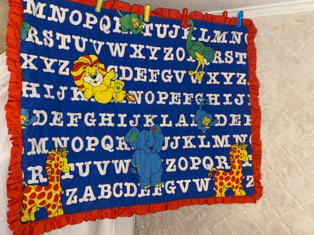Vintage Baby Blanket Quilt ABC Lion Elephant Blue Monkeys Blue Monkey ...