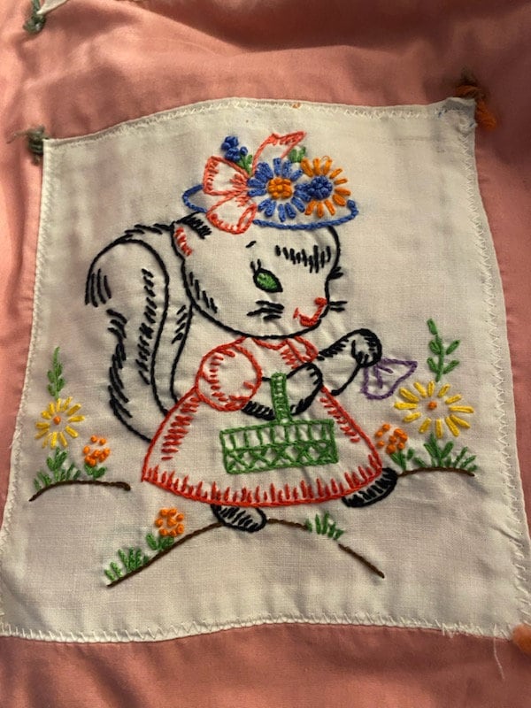 Vintage Handmade Baby Quilt Embroidered Squares Mauve Puppy Squirrel ...