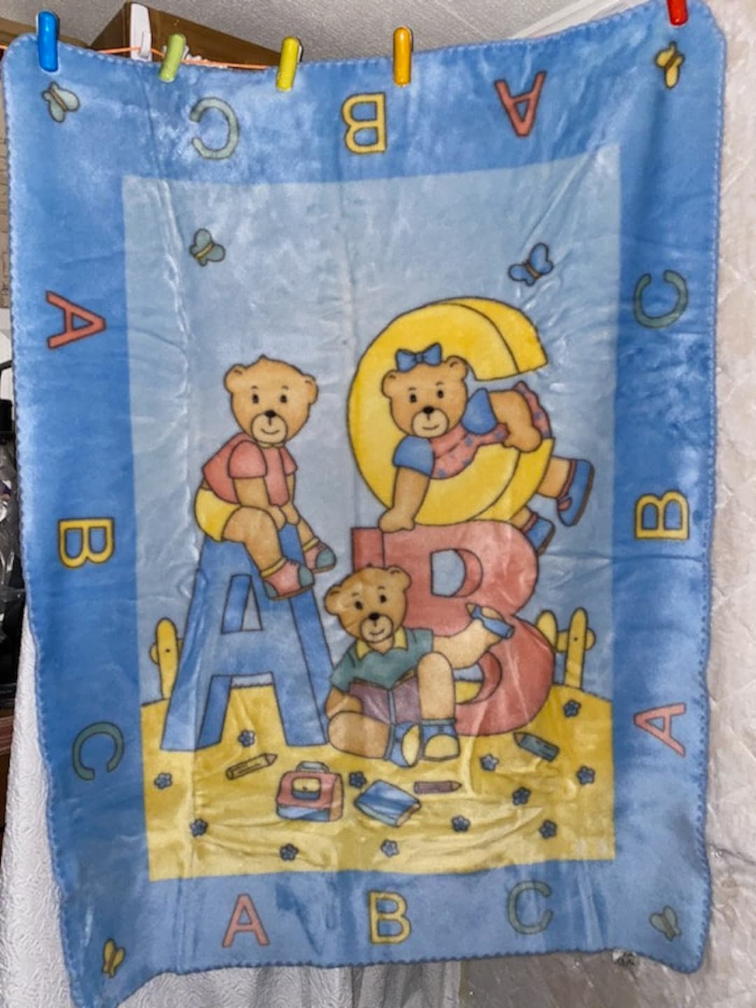 Vintage Baby Blanket Bears Butterflies Crayons School Flowers Fence ...