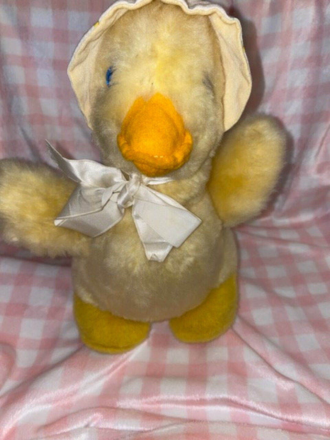 Vintage Bantam Duck Plush Roly Poly Sound Baby Roses Bonnet White ...