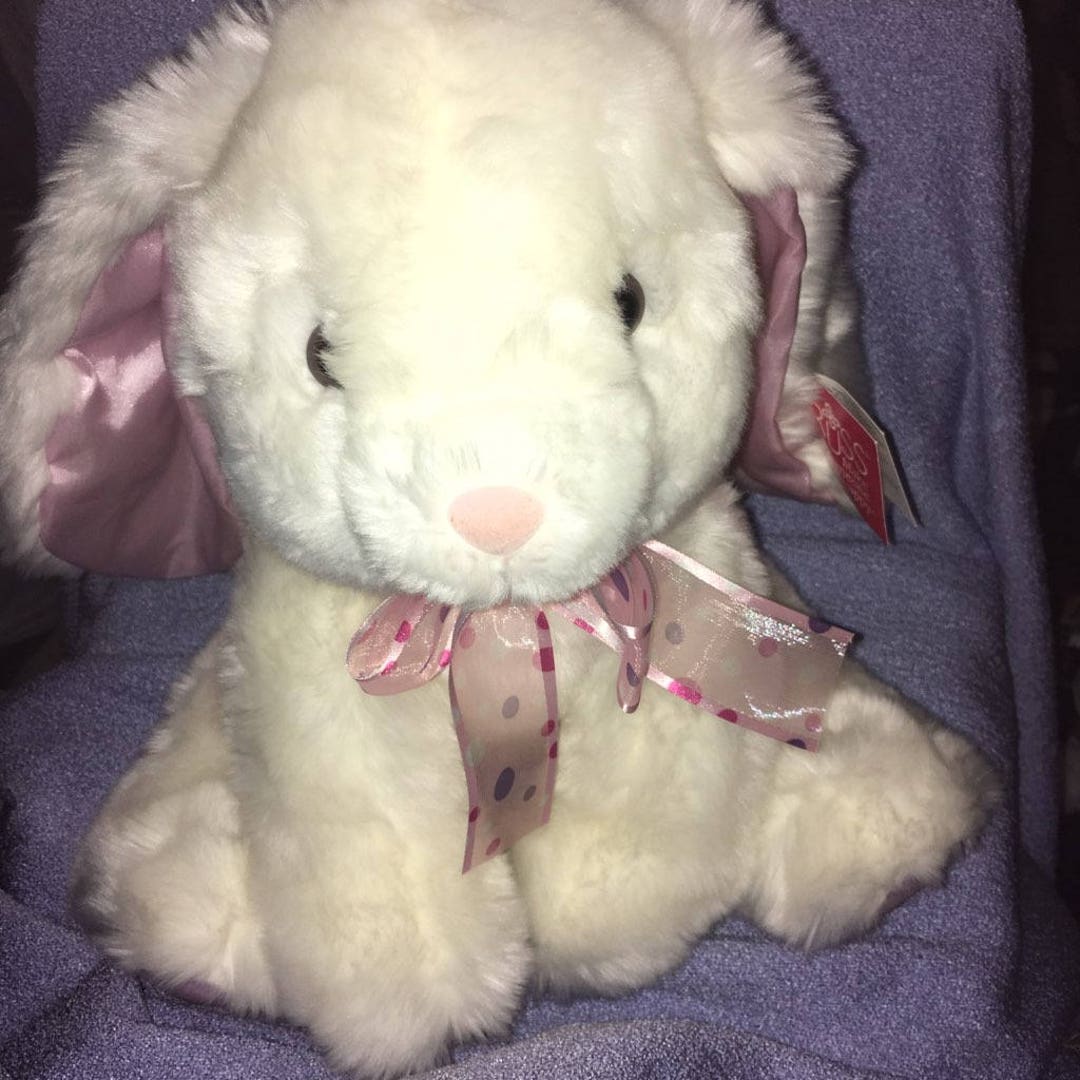 Vintage Russ Bunny Plush Hopscotch NWWTS Pink Satin Ears Paws 13" White ...