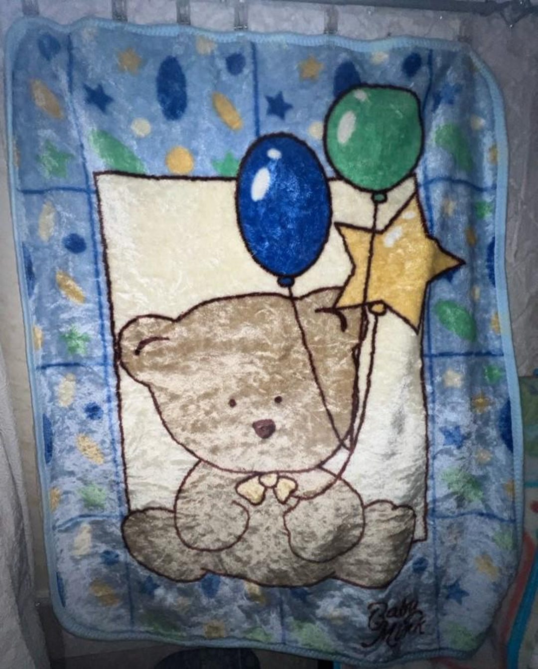 Vintage Baby Blanket Bear Star Balloon Balloons Stars Teddy Bowtie ...