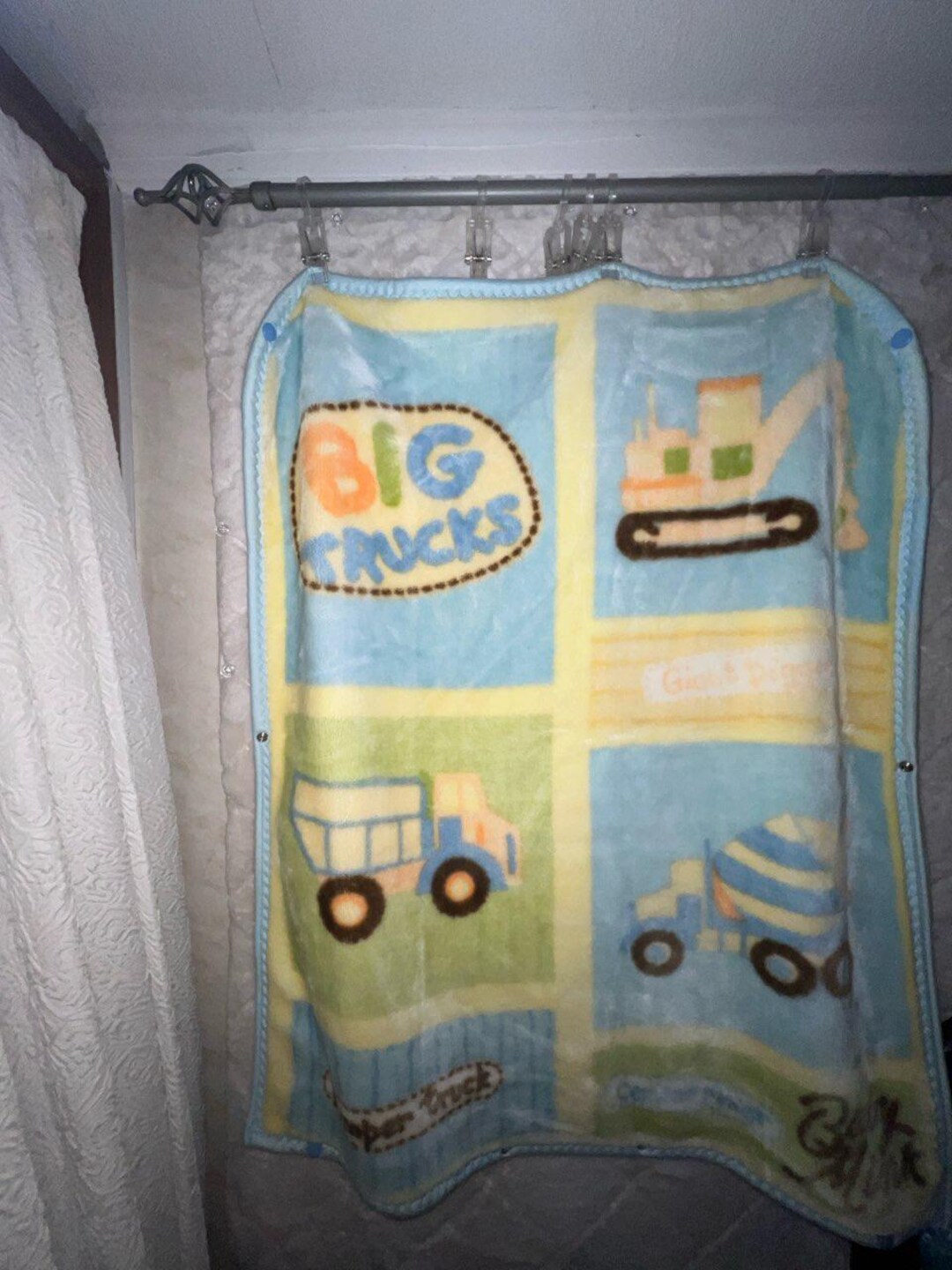 Vintage Baby Blanket Bunting Big Trucks Cement Digger Blue Green Yellow ...