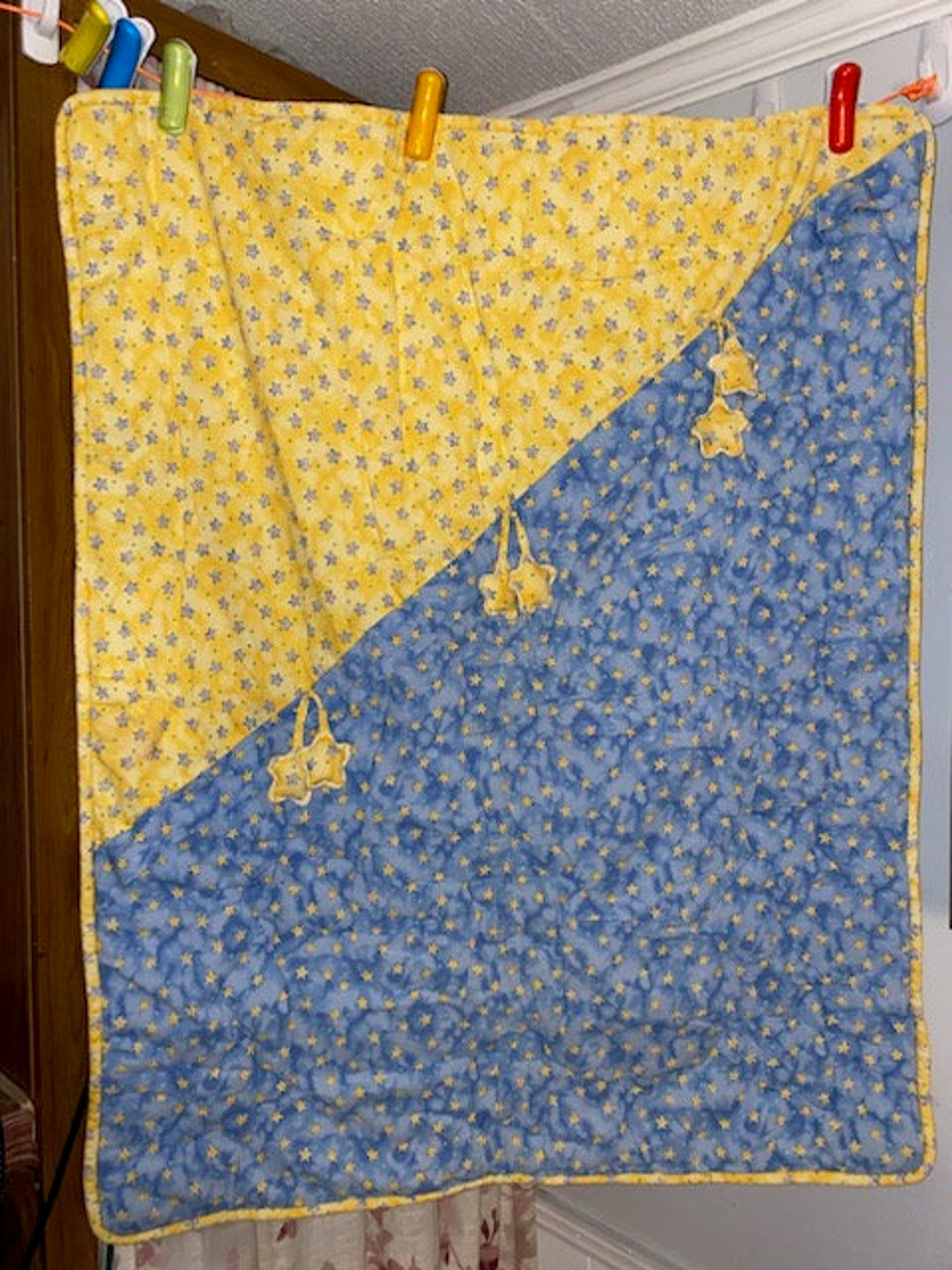 Vintage Baby Blanket Quilt Stars Yellow Blue Thinner Type Nice Plush ...