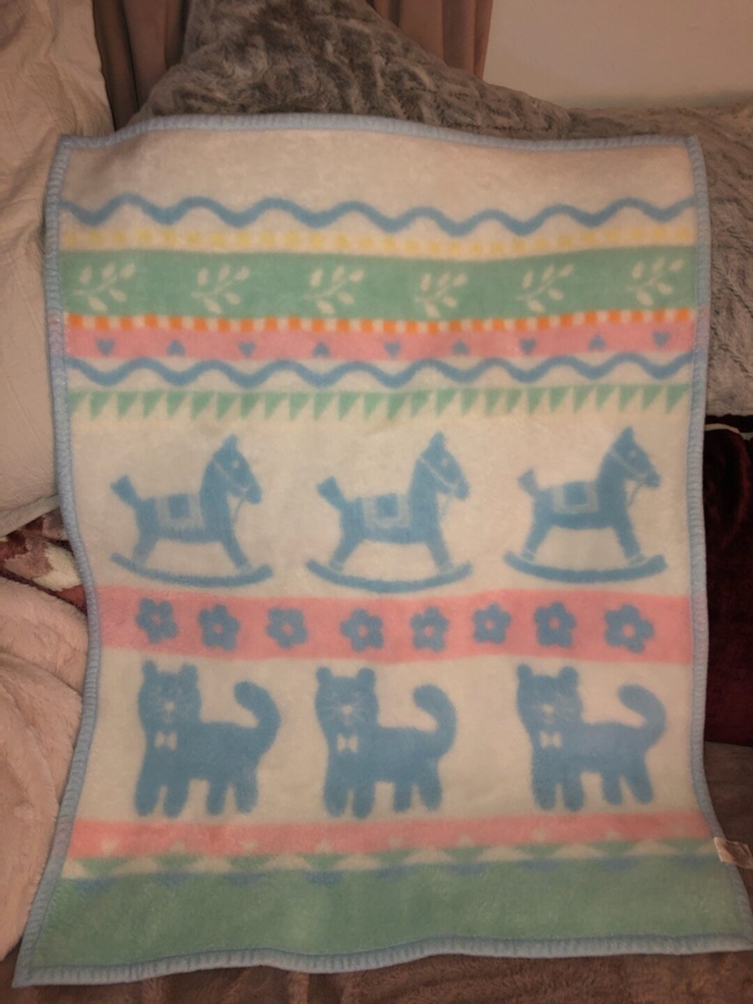 Vintage Baby Blanket Rocking Horse Cat Kitten Pattern Baby Blue Pink ...