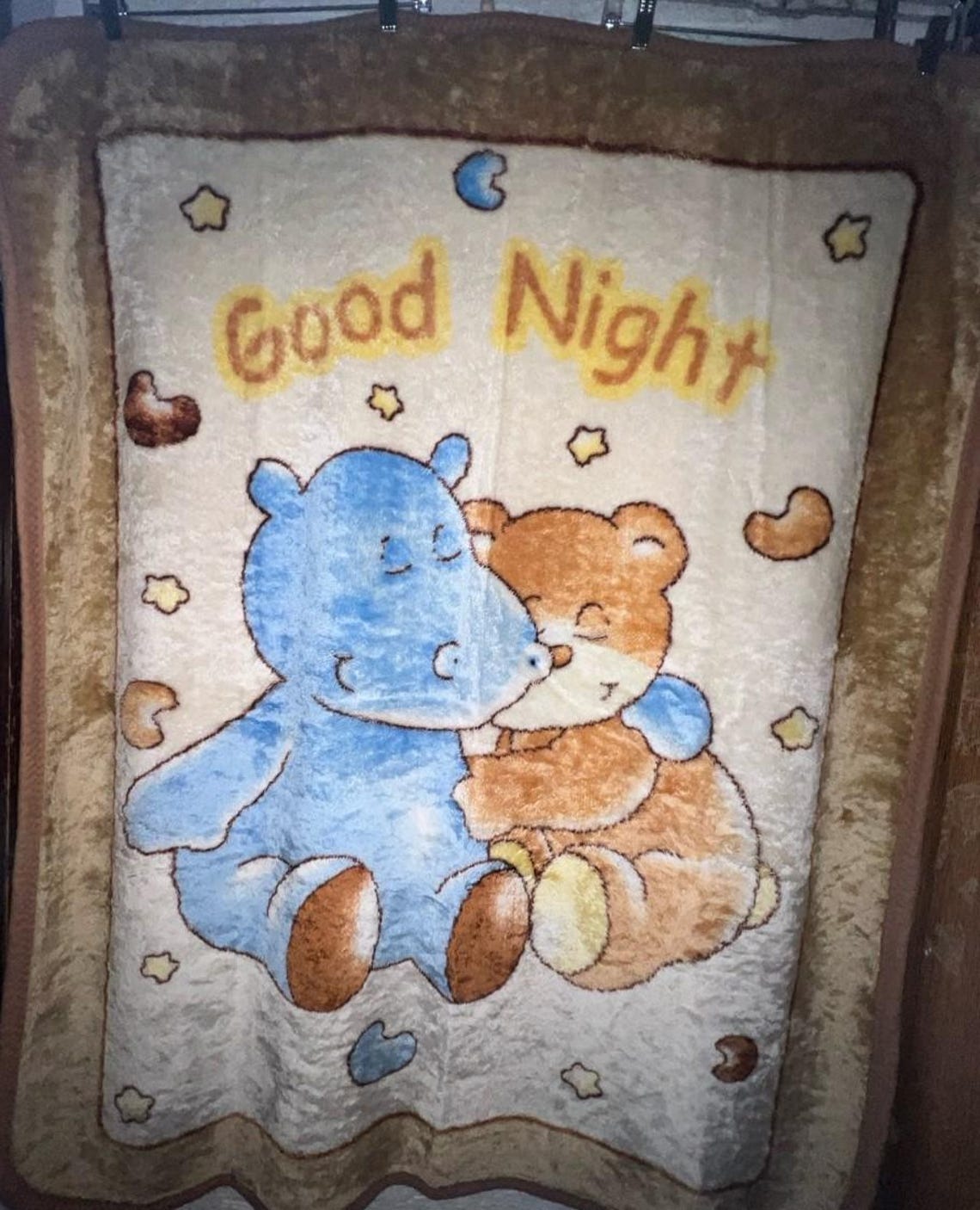 Vintage Baby Blanket Hippo Bear Hugging Good Night Stars Hug VGC Brown ...