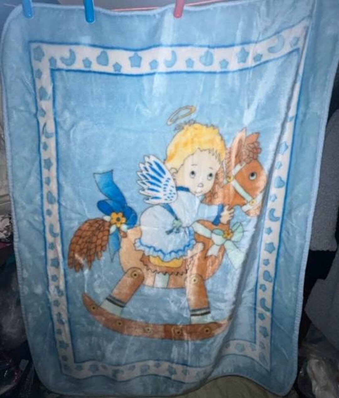 Vintage Baby Blanket Angel Rocking Horse Blue Stars Moon Hearts Curly ...