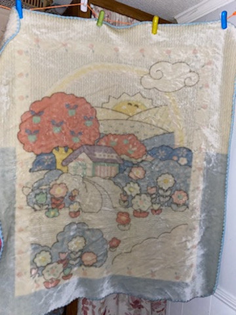 Vintage Baby Blanket House Apple Trees Flowers Sunshine Sun Cloud Shiny ...