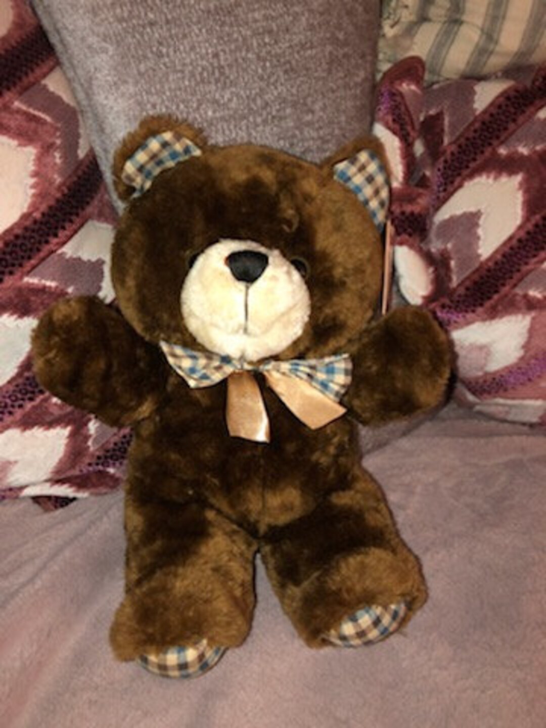 Vintage Cuddle Wit Bear Plush Dark Brown Gingham Blue Plaid - Etsy