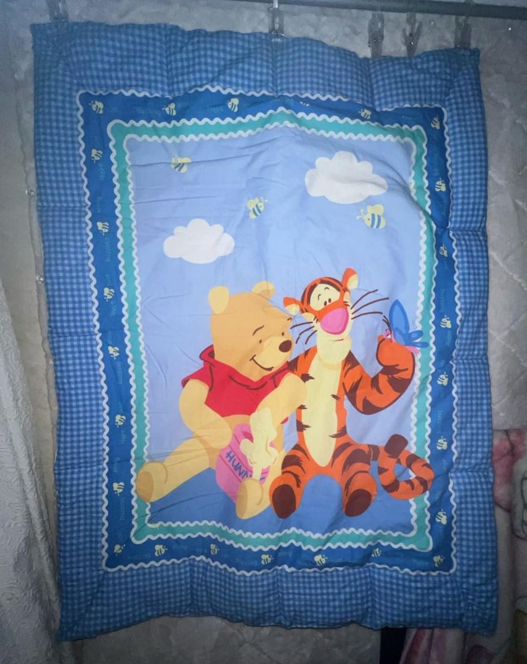 Vintage Winnie the Pooh Tigger Quilt Handmade Blue White Gingham Were ...