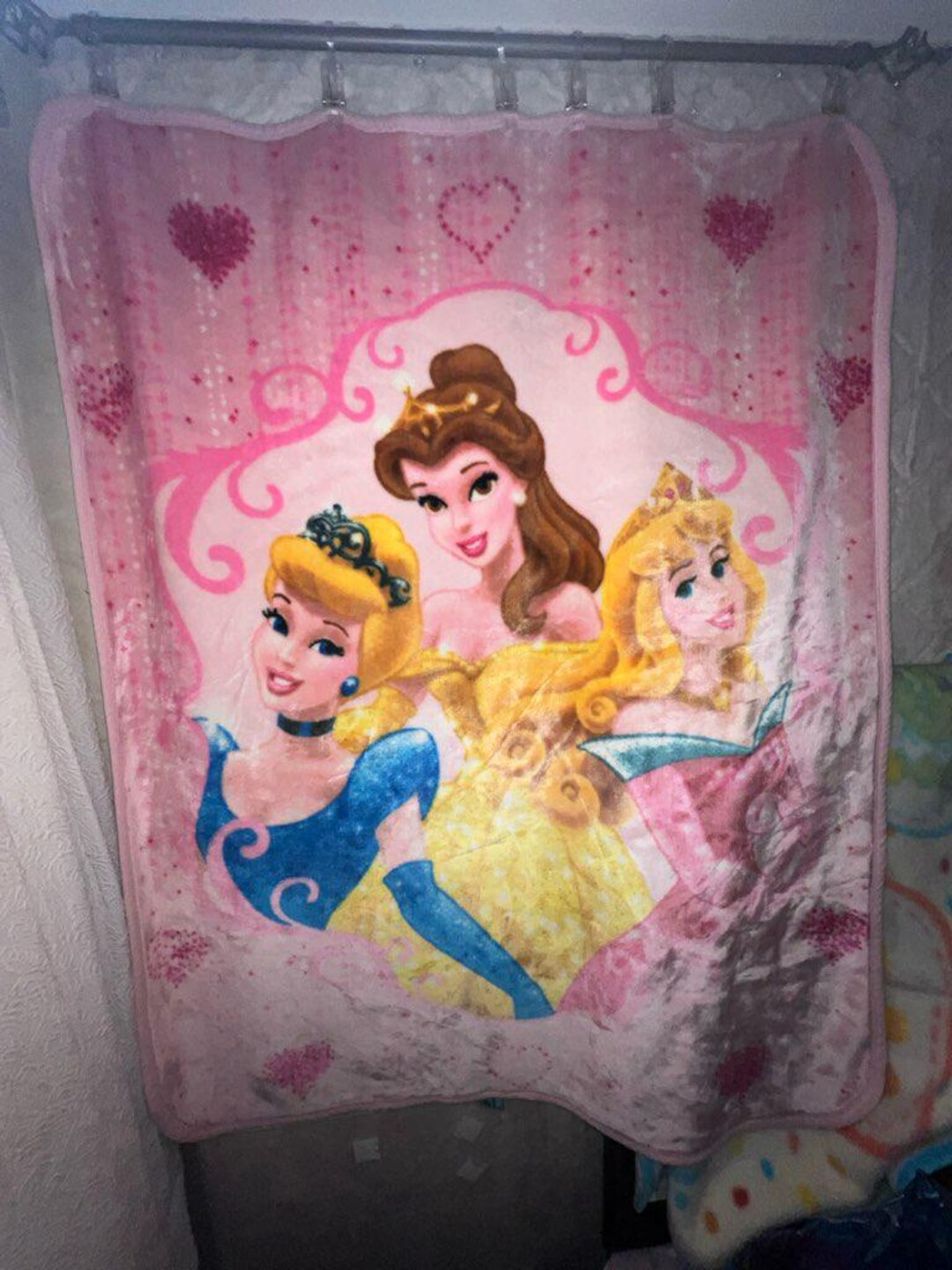 Vintage Disney Princess Baby Blanket Cinderella Belle Aurora Hears Pink