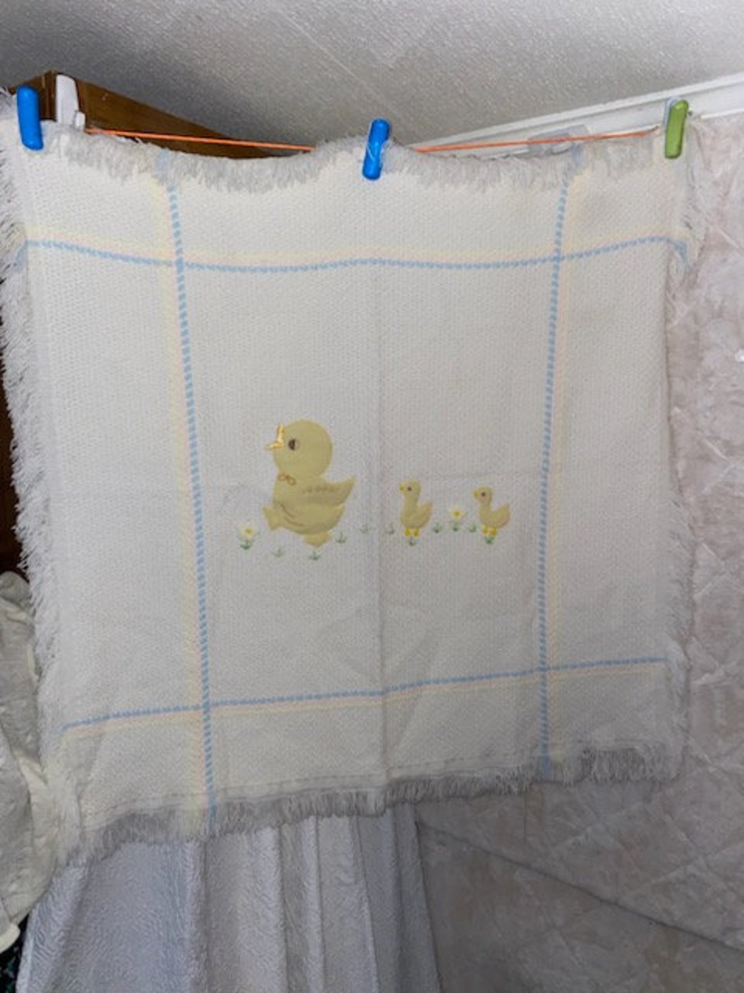 Vintage Baby Blanket Ducks Mommy Fringe White Blue Pink Yellow Flowers ...