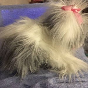 Vintage Shaggy Dog Plush Cuddle Toys Gray White Pink Tongue Hair Bow ...