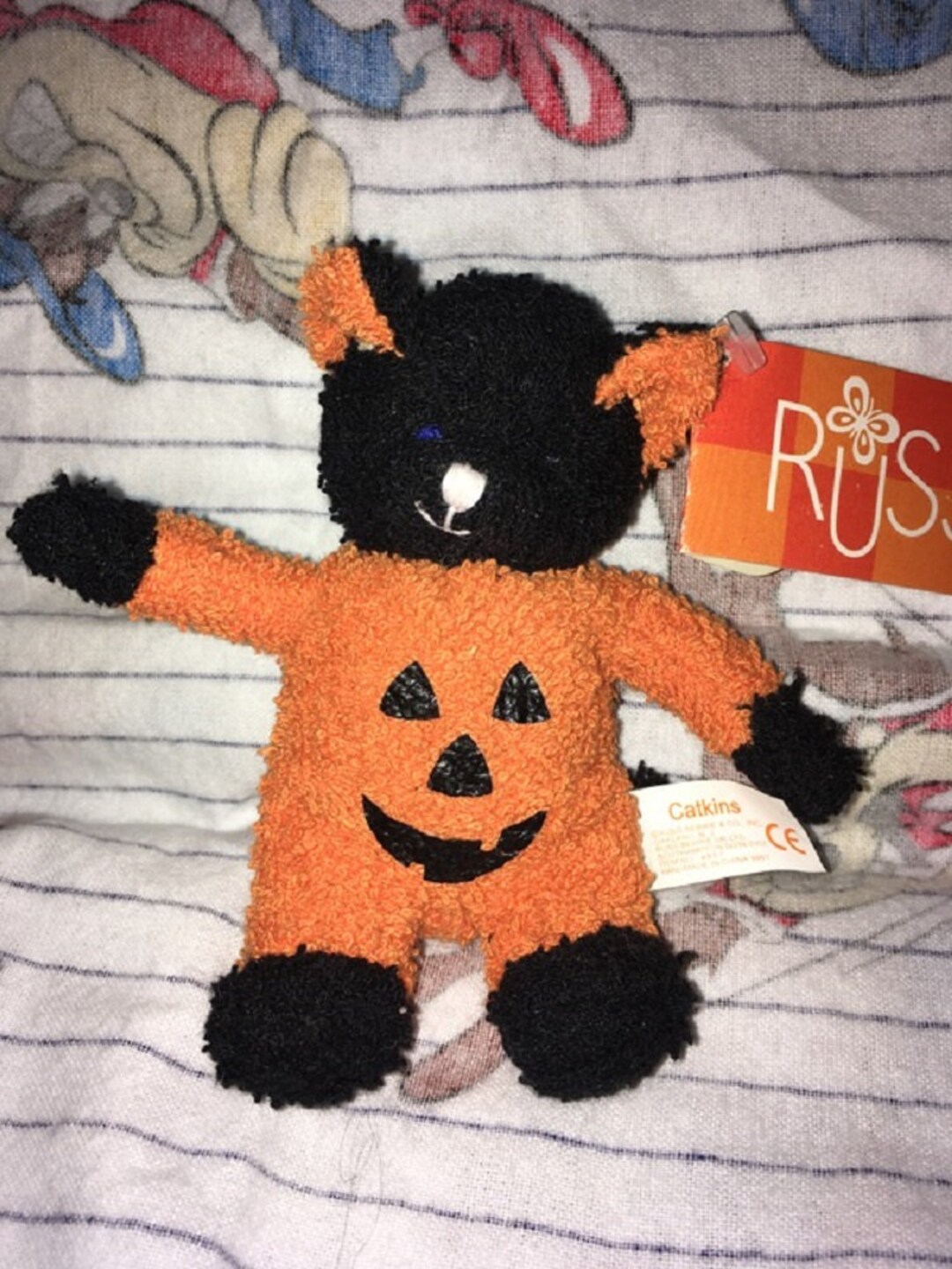 Vintage Russ Cat Plush Terrycloth Catkins Halloween Pumpkin Blue Eyes ...