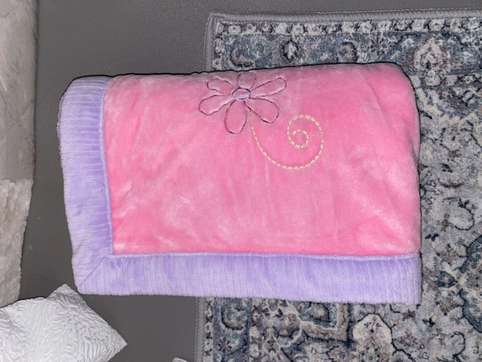 Vintage Baby Blanket Butterflies Flowers Embroidered Pink Purple Trim ...