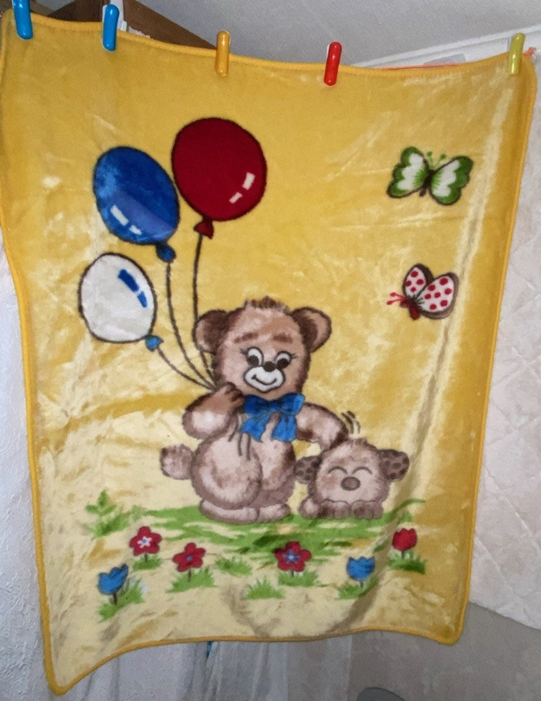 Vintage Baby Blanket Bean Balloon Fuzzball Puppy Dog Yellow Plus Trim ...