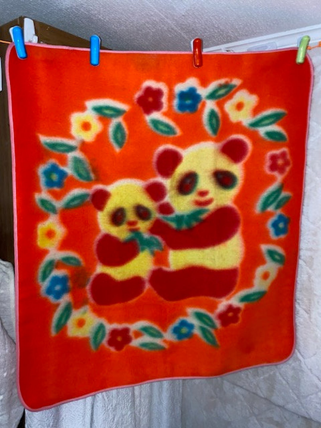 Vintage Panda Blanket Baby Bright Orange Yellow Pandas Red Blue 35" X ...