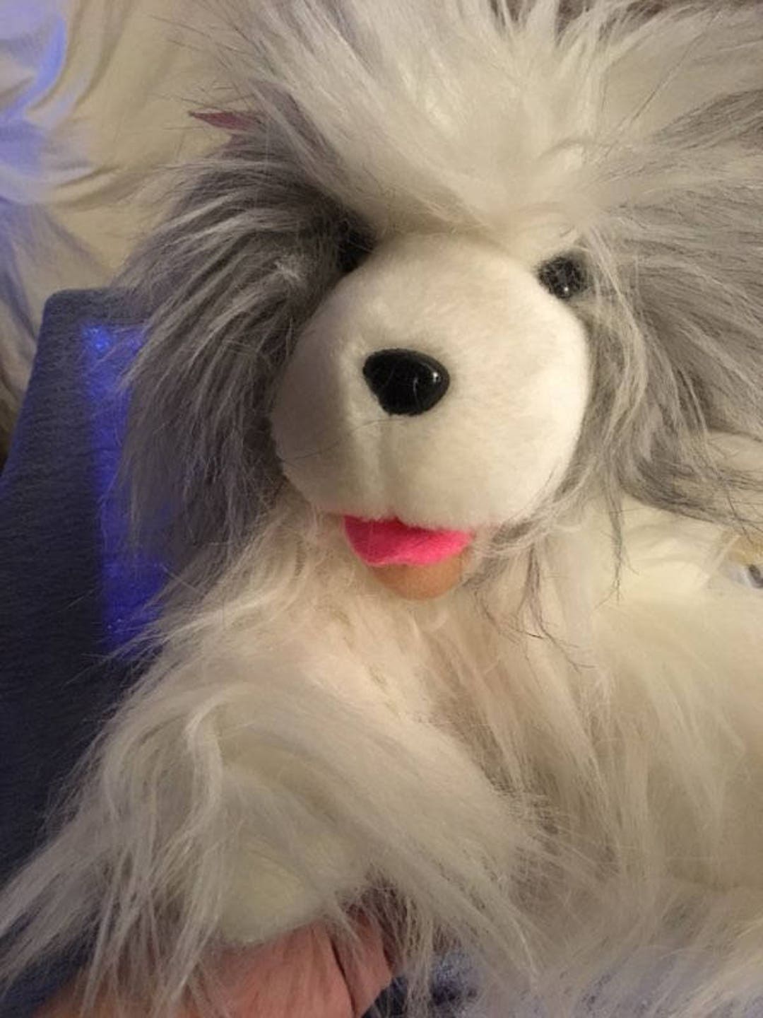 Vintage Shaggy Dog Plush Cuddle Toys Gray White Pink Tongue Hair Bow ...