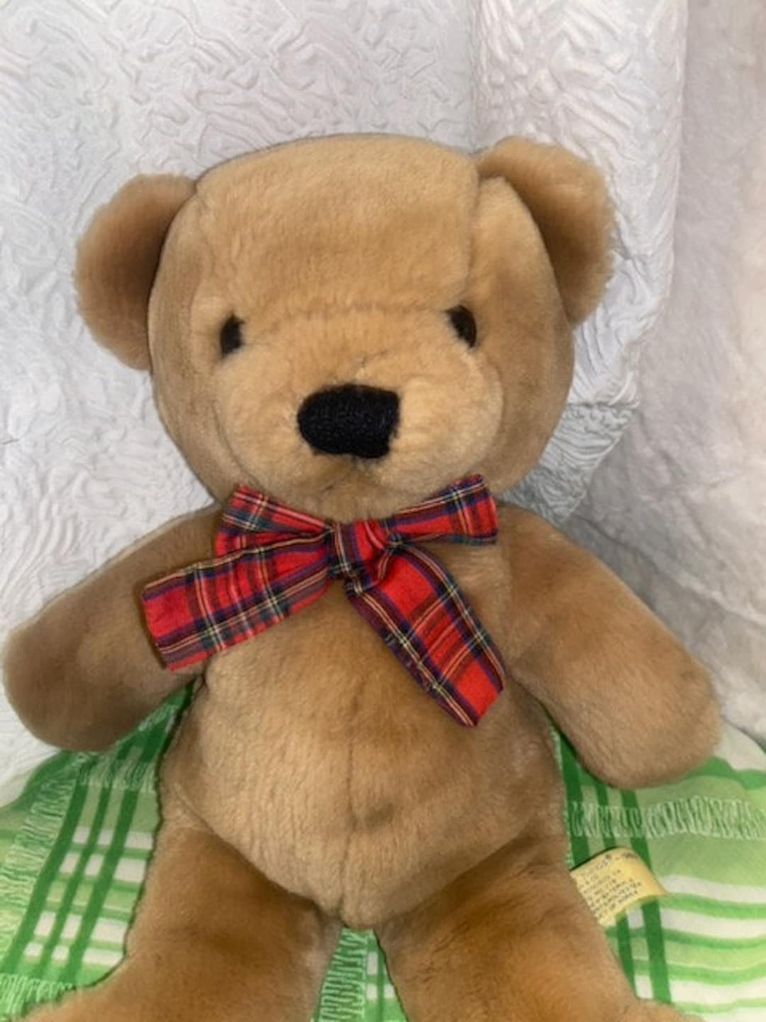 Vintage Dakin Bear Plush Baby Things Plaid Ribbon Velvet Flocked Heart ...