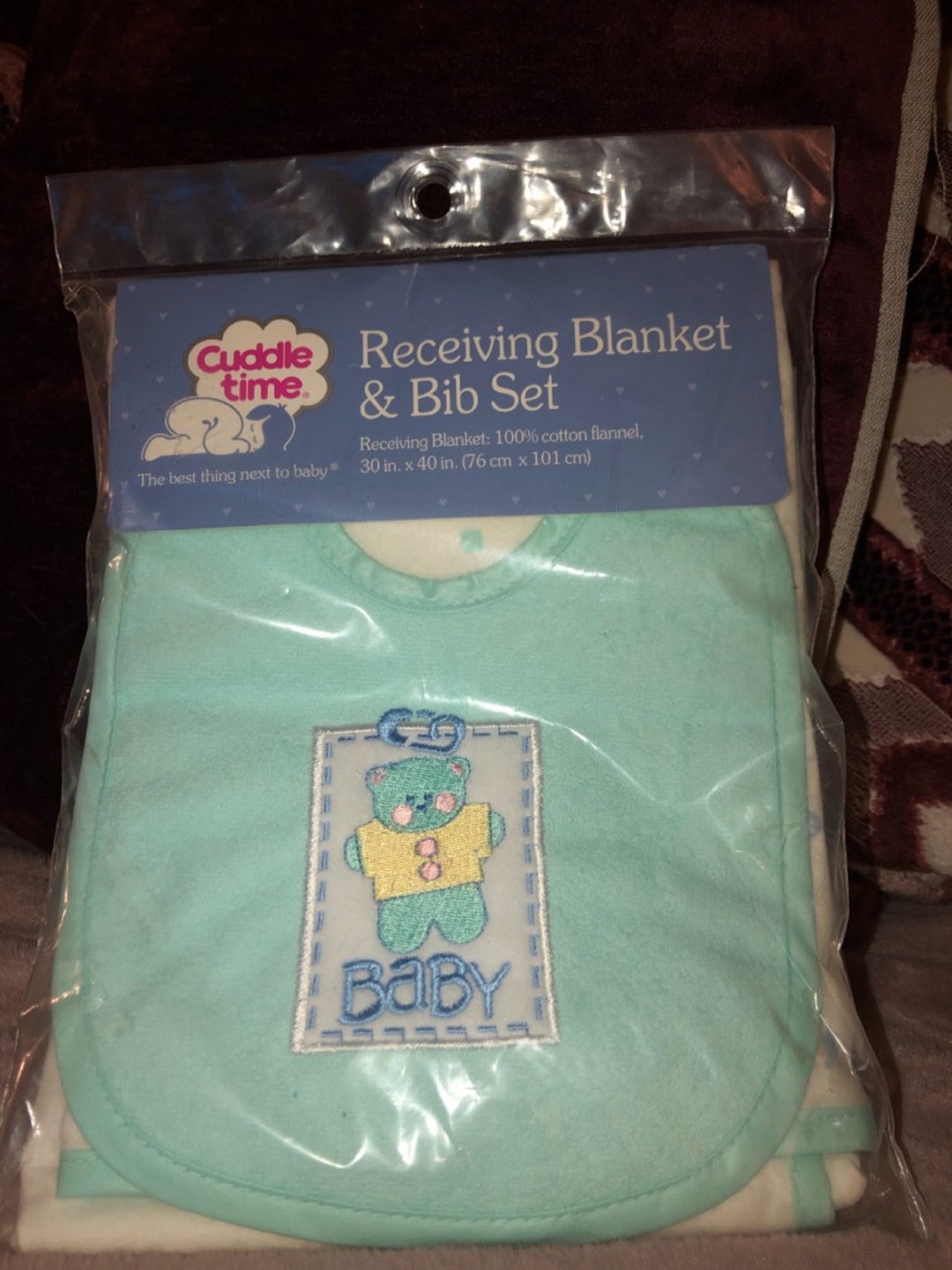 Vintage Cuddle Time Baby Blanket Bib Set Pastelteal Terrycloth Bib ...
