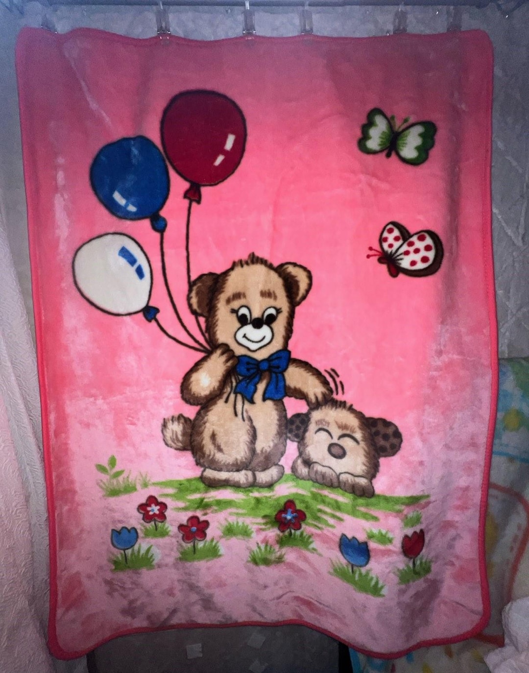 Vintage Baby Blanket Bear Balloon Bright Pink Hot Pink Trim Butterflies ...
