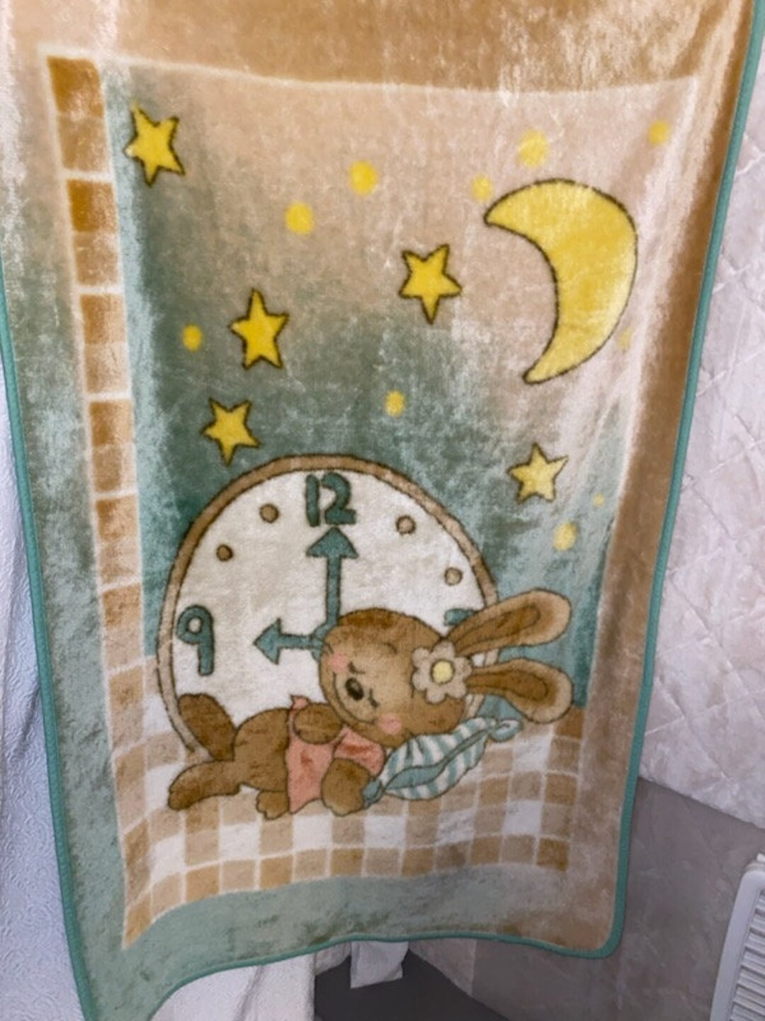 Vintage Baby Blanket Bunny Sleeping 9 O'clock Moon Stars Yellow Brown ...