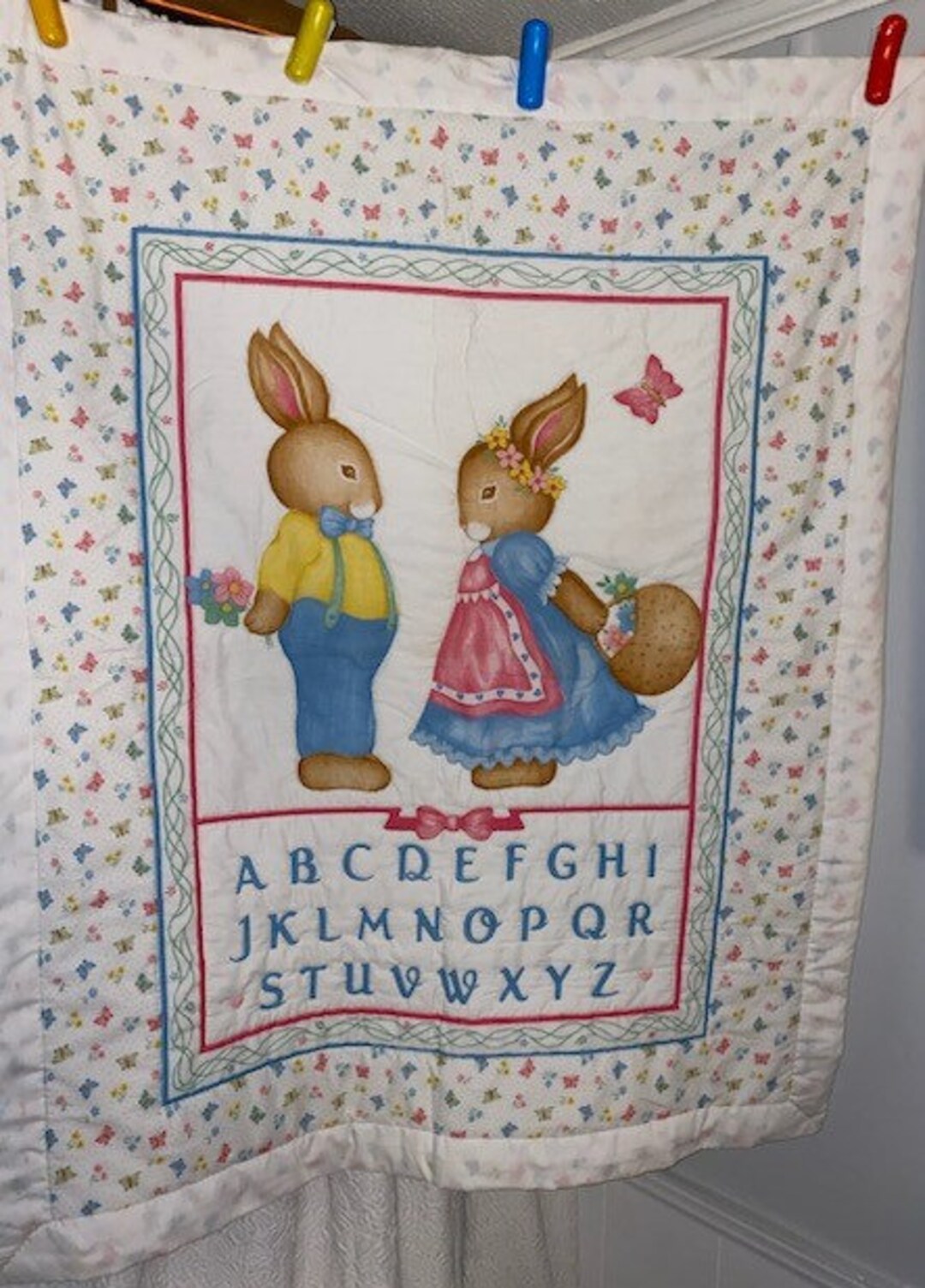 Vintage Bunny Baby Blanket Butterflies Girl Boy Flowers ABC 's Quilted ...