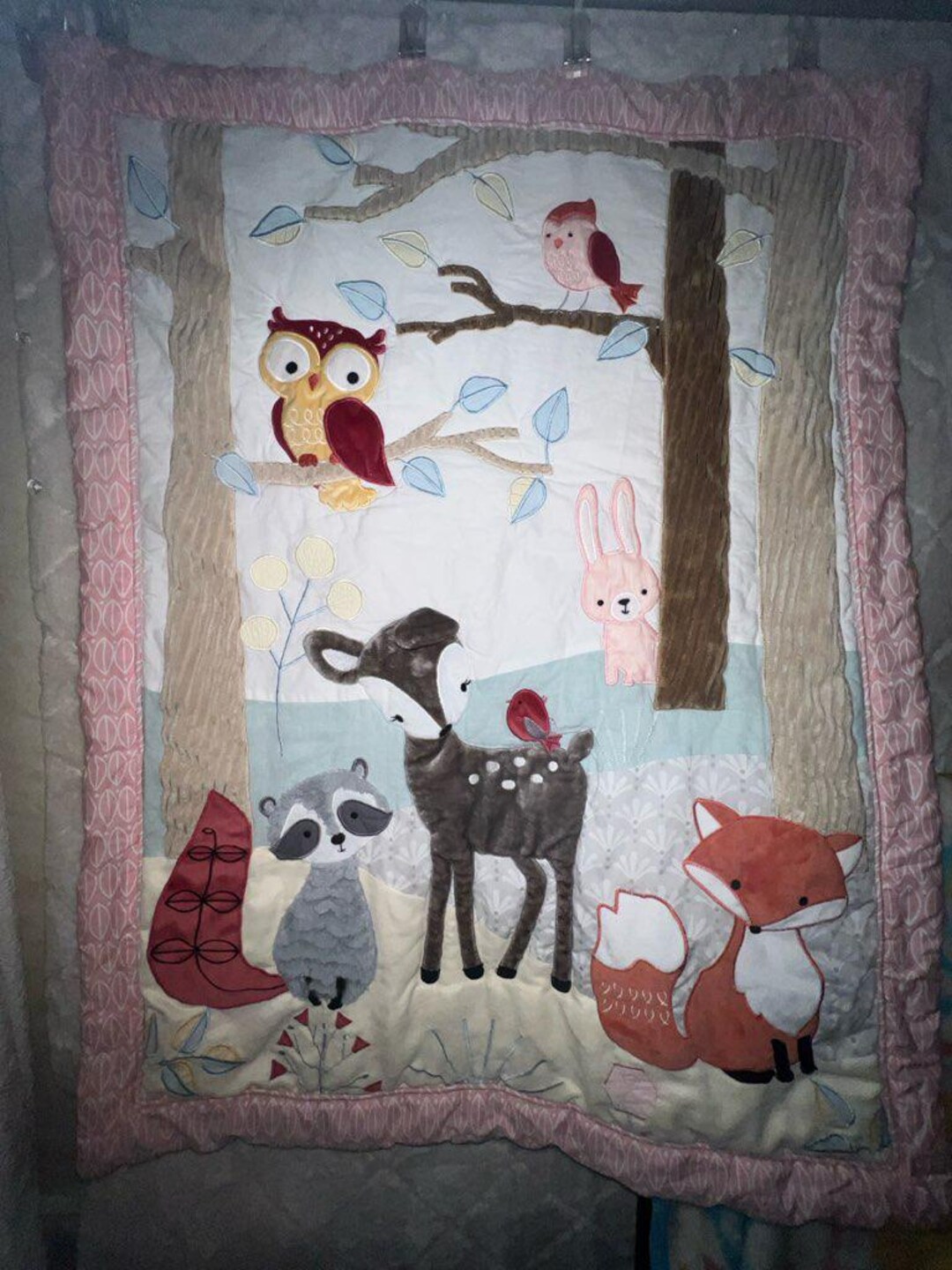 Vintage Lambs & Ivy Baby Blanket Quilt Deer Fox Raccoon Pink Trees Own ...