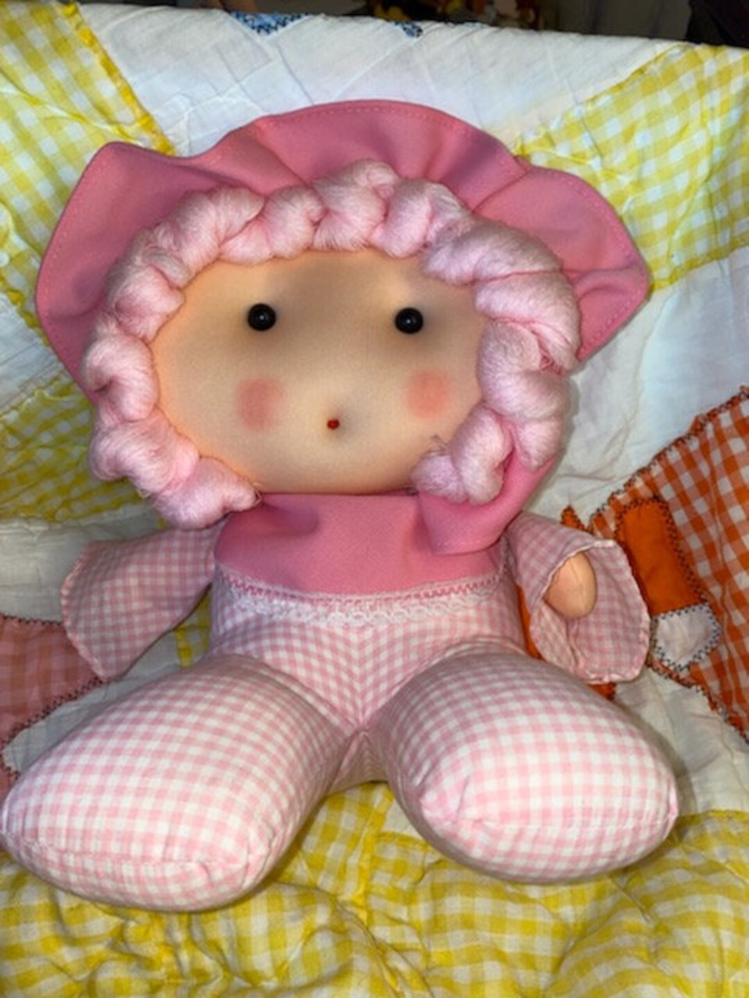 Vintage Meggie Doll Plush Baby Pink White Gingham Bonnet Bib ECU ...